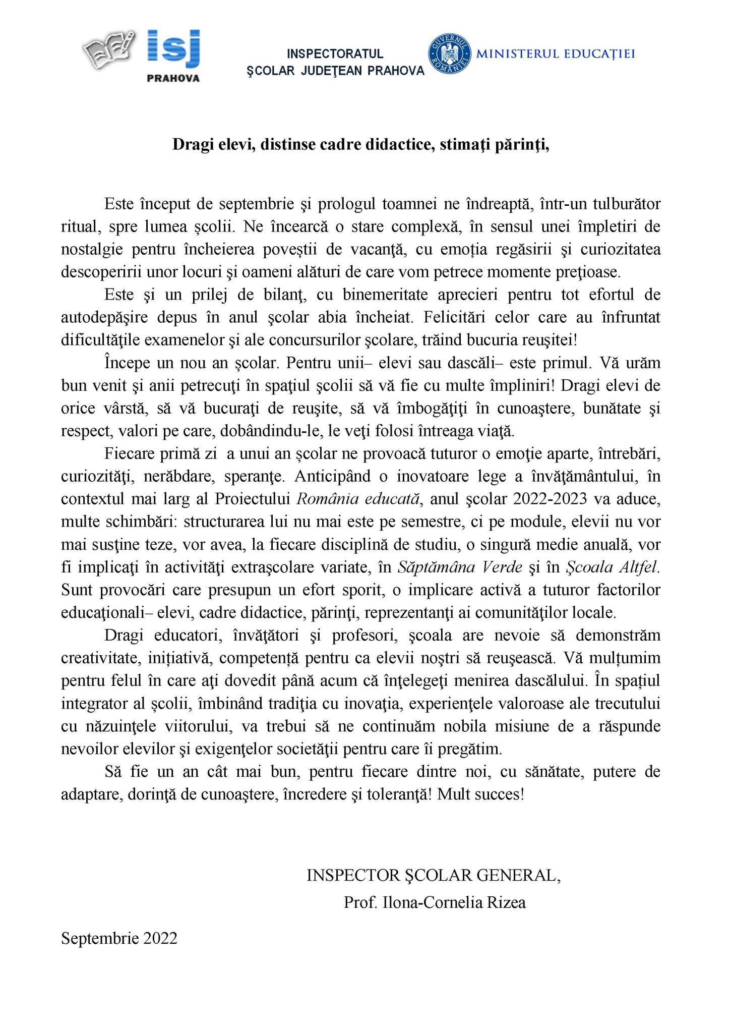 Mesaj la începutul anului școlar al inspectorului școlar general Ilona ...
